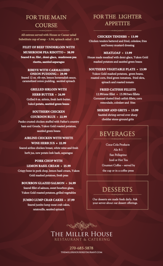 Our Menu - The Miller House - Owensboro, Kentucky