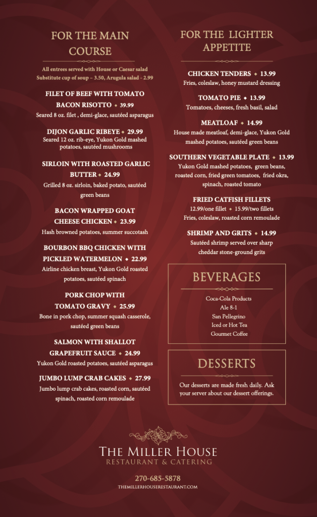 Our Menu - The Miller House - Owensboro, Kentucky