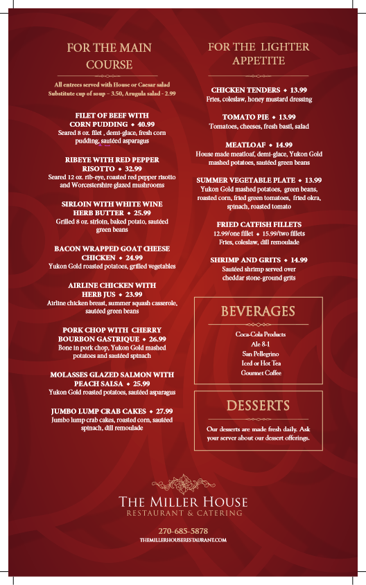 Our Menu - The Miller House - Owensboro, Kentucky