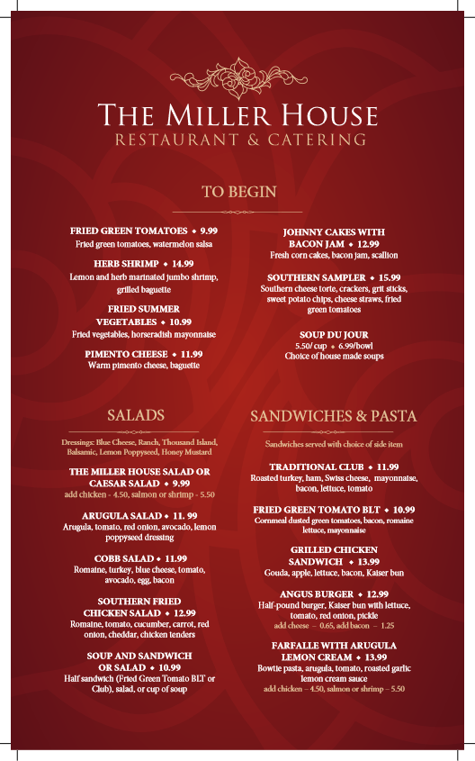 Our Menu - The Miller House - Owensboro, Kentucky