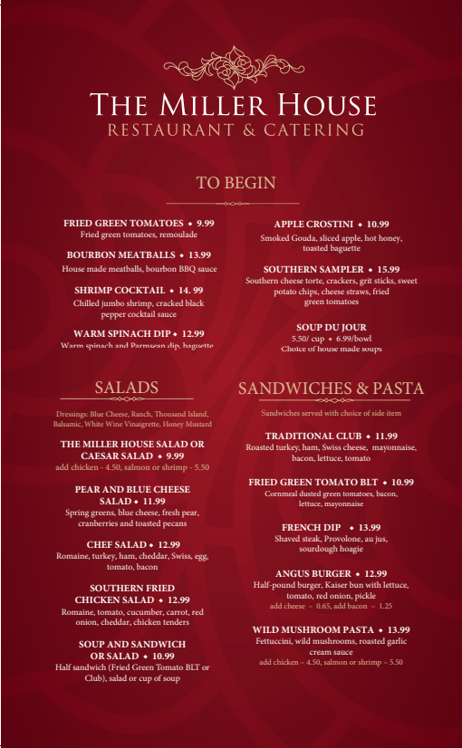 Our Menu - The Miller House - Owensboro, Kentucky