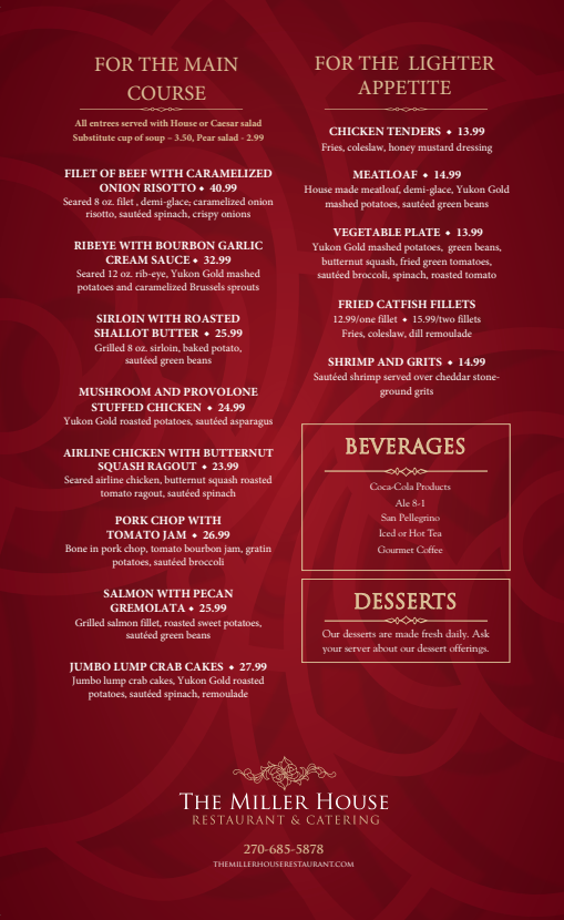 Our Menu - The Miller House - Owensboro, Kentucky