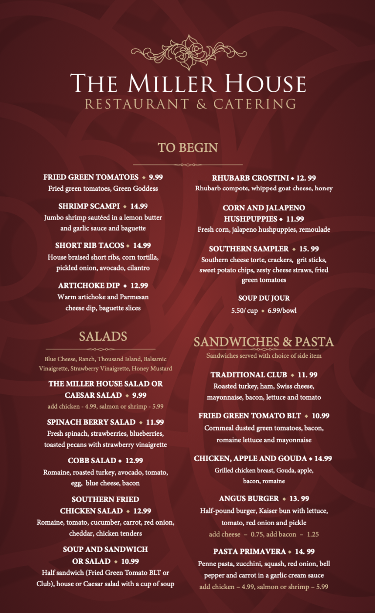 Our Menu - The Miller House - Owensboro, Kentucky