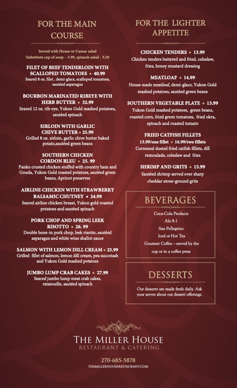 Our Menu - The Miller House - Owensboro, Kentucky